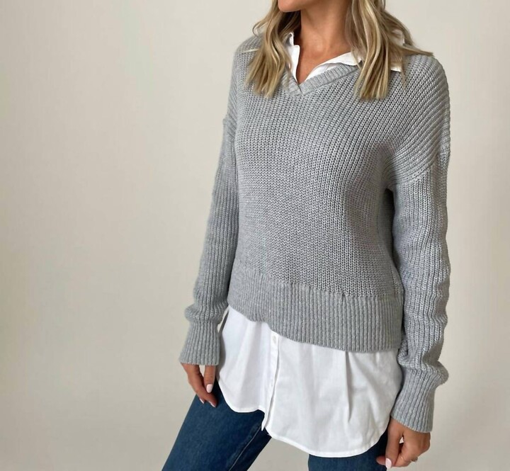 SIX/FIFTY Mixed Media V Neck Sweater In Grey - ShopStyle