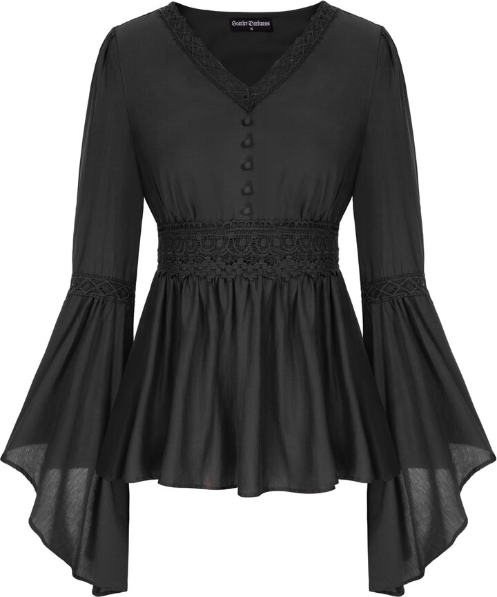 SCARLET DARKNESS Women’s V Neck Lace Bell Long Sleeve Renaissance ...
