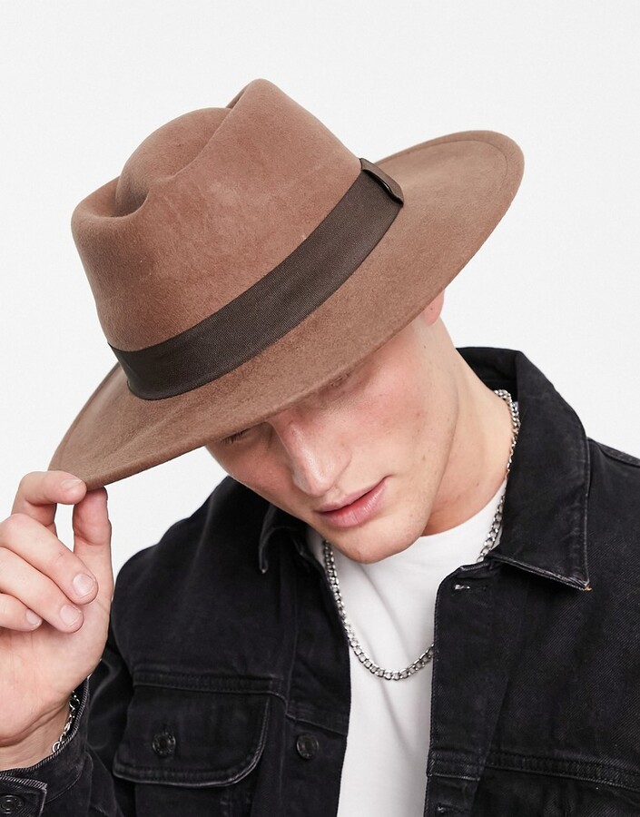ASOS DESIGN wool wide brim pork pie hat in camel with band and size ...