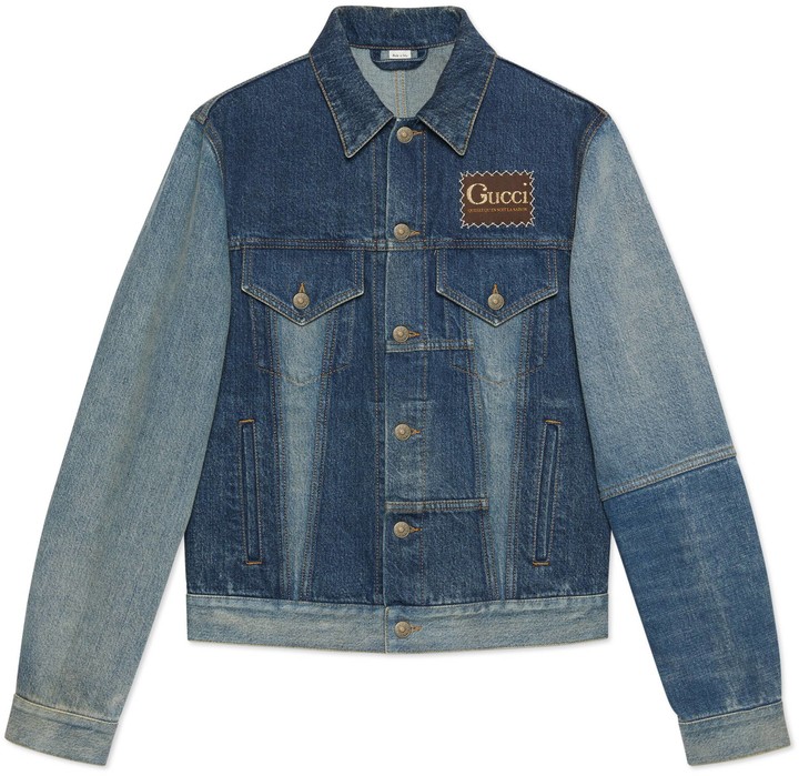 Gucci Patchwork effect denim jacket with label - ShopStyle