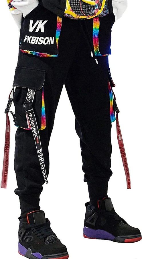 Ambcol Mens Jogger Pants Punk Cargo Baggy Techwear Hip Hop Multi-Pocket ...