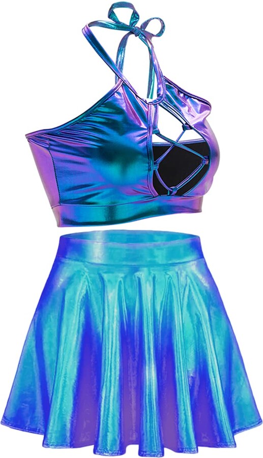 SFBBCLOZ Women's Rave Outfit Sets For Women Festivals 2 Pcs Metallic ...