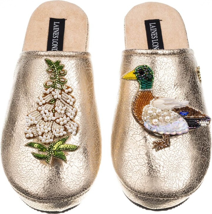 Laines London Gold Softie Slippers With White Foxglove Flowers & Duck ...