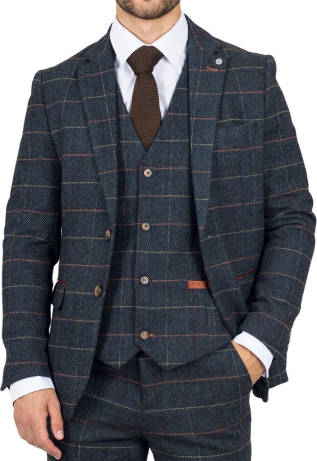 TruClothing Men's Blazer Navy Blue Checked Herringbone Tweed Sport Coat ...