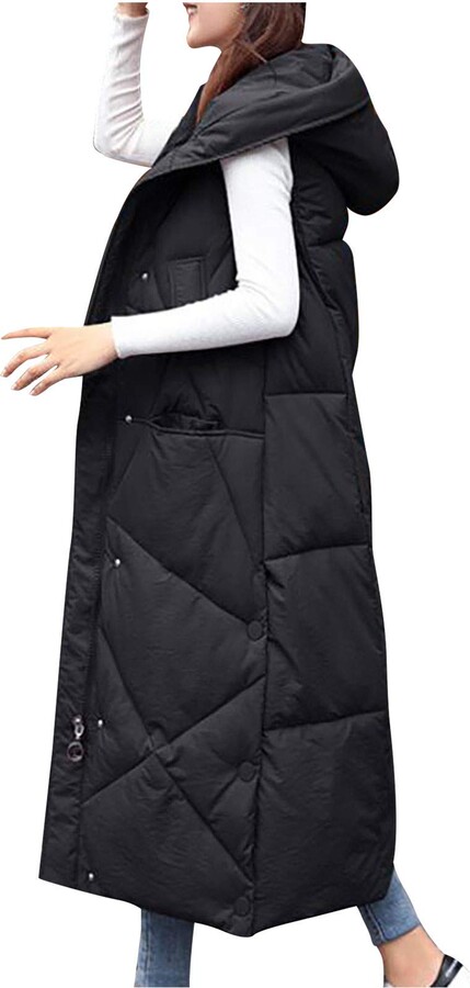 HAOLEI Womens Gilets with Hood Long Hooded Longline Gilets Full Length Quilted Body Warmers ...