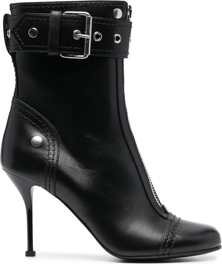 Alexander McQueen Leather Ankle Boot With Zip And Buckle - ShopStyle