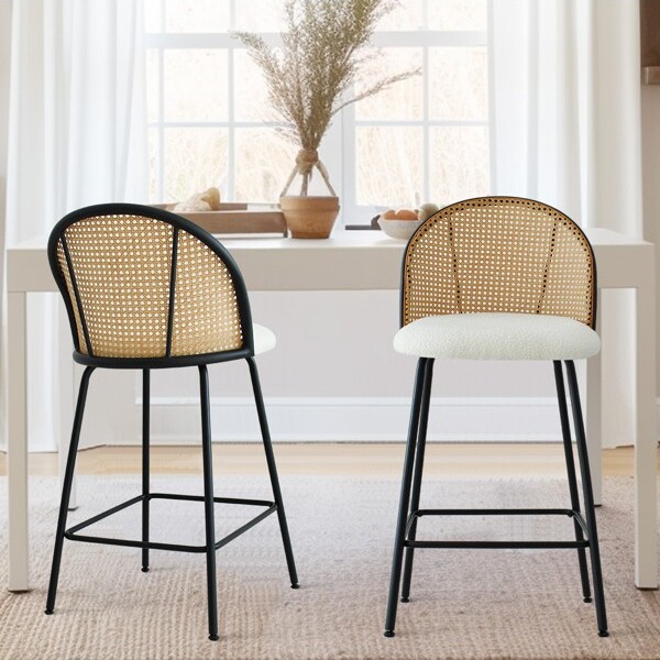 Jules Set of 2 Mesh Rattan Backrest Counter Stools with Back, Armless ...