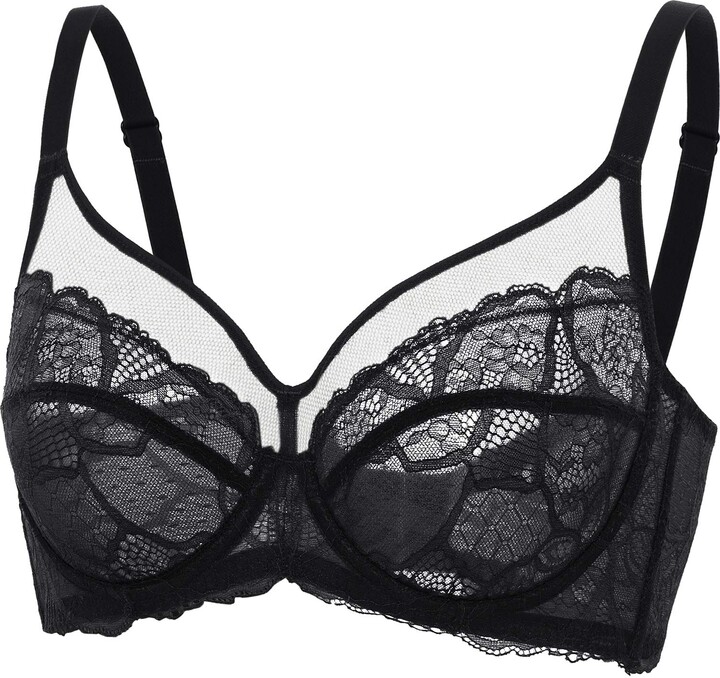DOBREVA Women's Lace Full Coverage Minimiser Bra Unlined Underwire See Through Plus Size Bra ...
