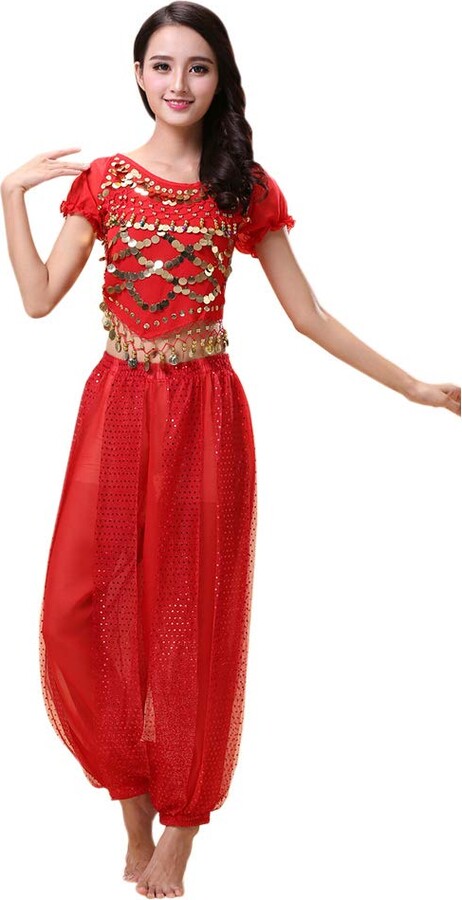 Xinvivion Womens Belly Dance Costume Set - Dancing Top + Lantern Pants ...