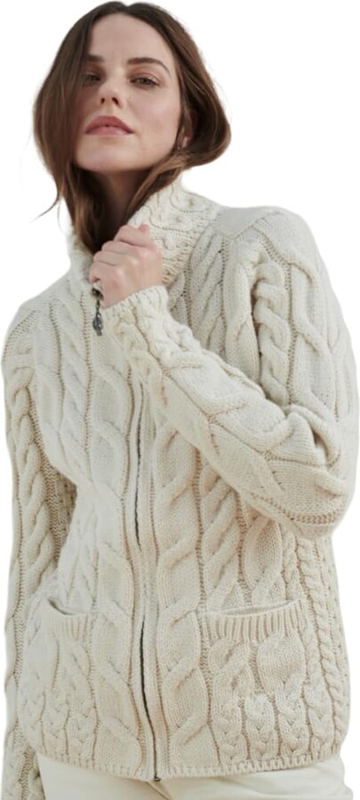 Aran Woollen Mills Irish Shaped Zipper Wool Cardigan with Mock ...