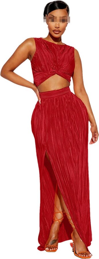 Alloaone Women's Pleated Set Draped Tank And Midi Maxi High Side Split ...