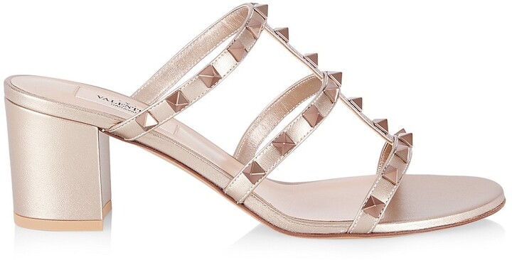 Valentino Garavani Rockstud Metallic Leather Block-Heel Slides - ShopStyle