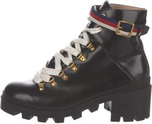 Gucci Sylvie Web Accent Leather Combat Boots - ShopStyle