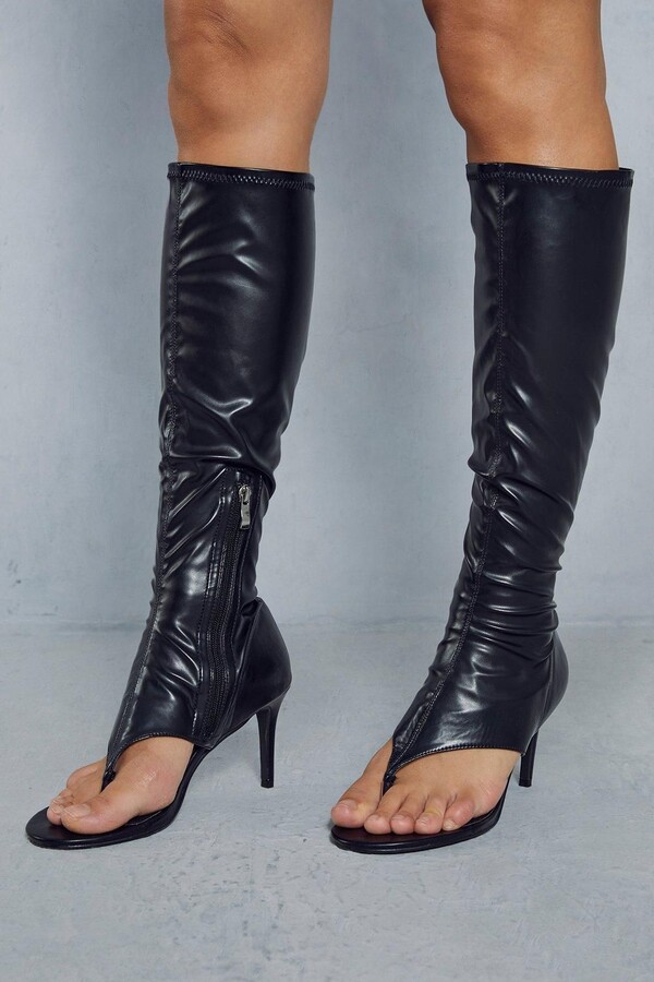MISSPAP Leather Look Thong High Heel Boots - Black - ShopStyle