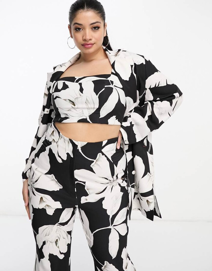 Asos Luxe Curve Suit Jacket In Black And White Floral Print Part Of A