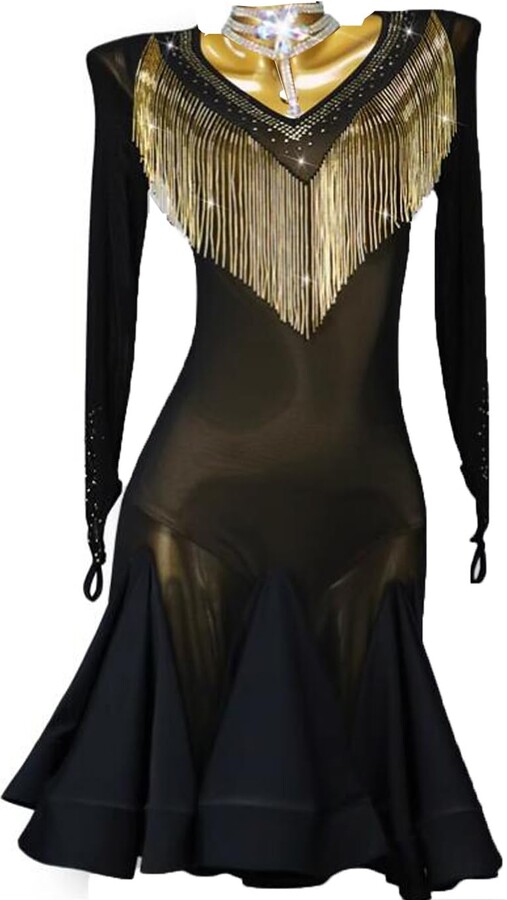 YDHTIZ Fringe Latin Dance Dress Leotard Ballroom Dress Long Sleeve Cha Cha Salsa Dancewear ...