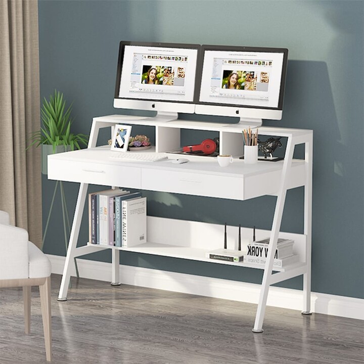 Tribesigns Computer Desk with 2 Drawers and Hutch Shelf Monitor Stand ...