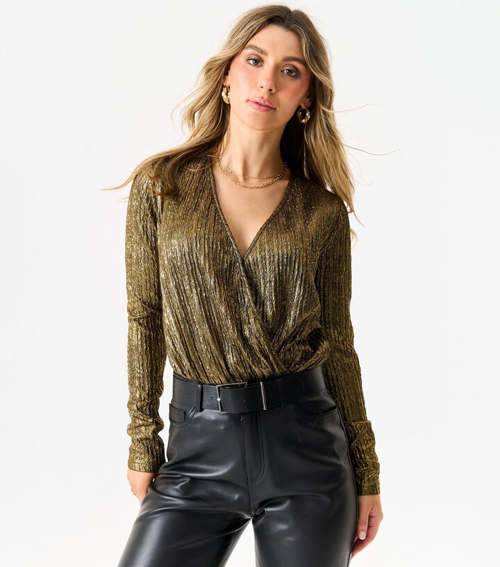 Women's Gold Plisse Wrap Bodysuit Gini London - ShopStyle Tops