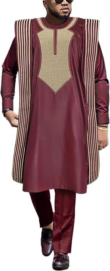 HD African Men Clothing Red Dashiki Set Embroidery Agbada Short Sleeves ...