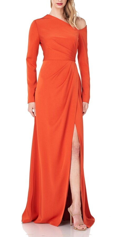 Kay Unger Rowan One-Shoulder Long Sleeve Stretch Faille Gown ...