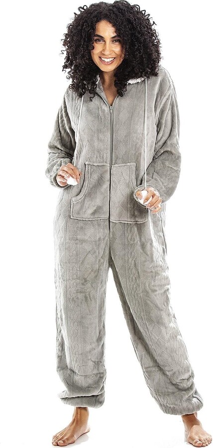 Camille Women's Super Soft Zip Up Onesie - Grey Thick Luxury Fleece ...