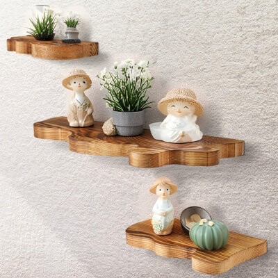17 Stories Set Of 3 Natural Wave-Edge Cedar Floating Shelves In Multi-Sizes For Farmhouse Wall ...