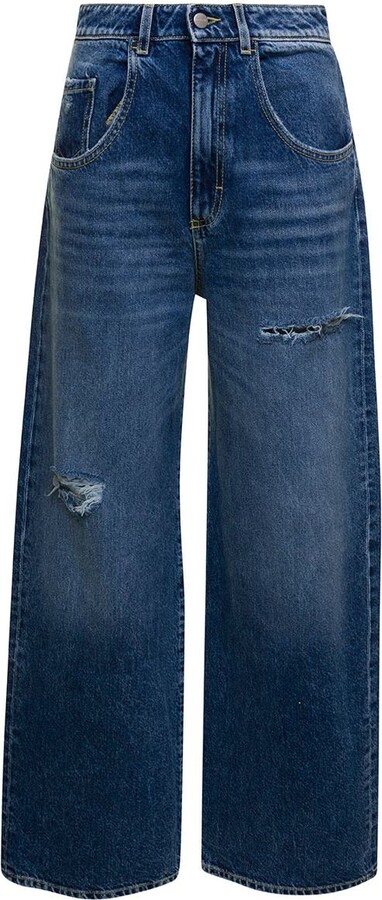 ICON DENIM 'Poppy' Blue Wide Leg Jeans with Rips in Cotton Denim Woman ...