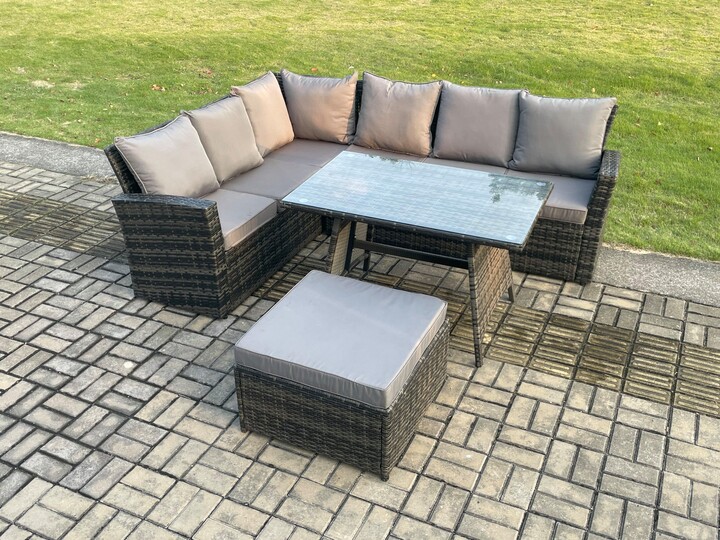 Fimous 7 Seater High Back Rattan Set Corner Sofa With Oblong Dining ...