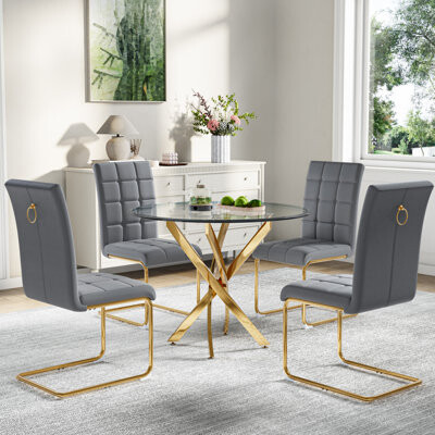 Mercer41 36" Round Glass Dining Table Set For 4,Modern Tempered Glass Tabletop With 4 PU Chairs ...