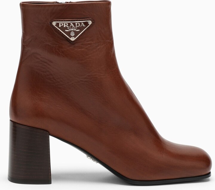 Prada Brown leather ankle boots with logo triangle - ShopStyle