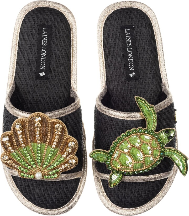 LAINES LONDON - Straw Braided Sandals With Handmade Turtle & Green ...