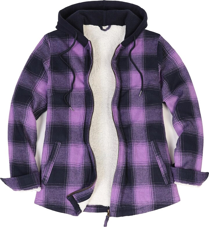 ZENTHACE Purple Plaid Flannel Shirt Women Sherpa Lined Hooded Zip Up ...