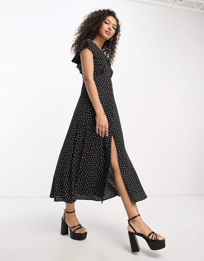 Asos Design Flutter Sleeve Midi Tea Dress With Buttons In Mono Spot