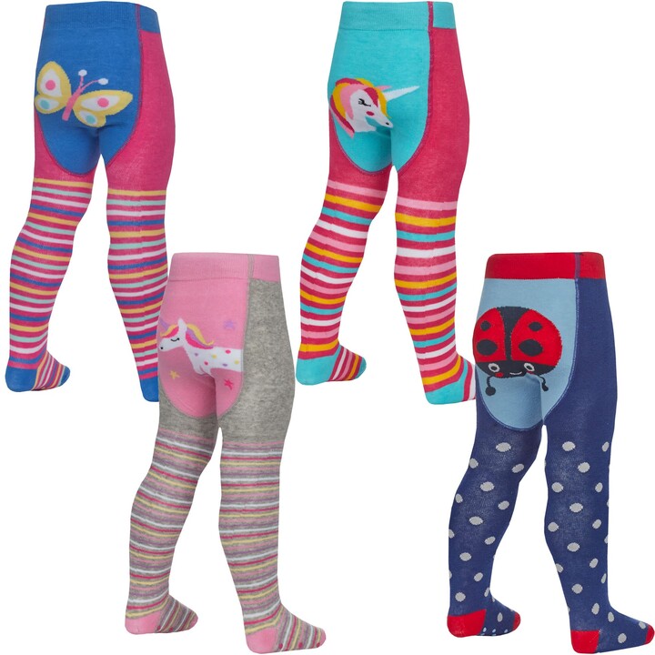 Metzuyan Baby Girls Tights Cotton Rich Anti Slip Grip 4 Pairs Unicorn ...