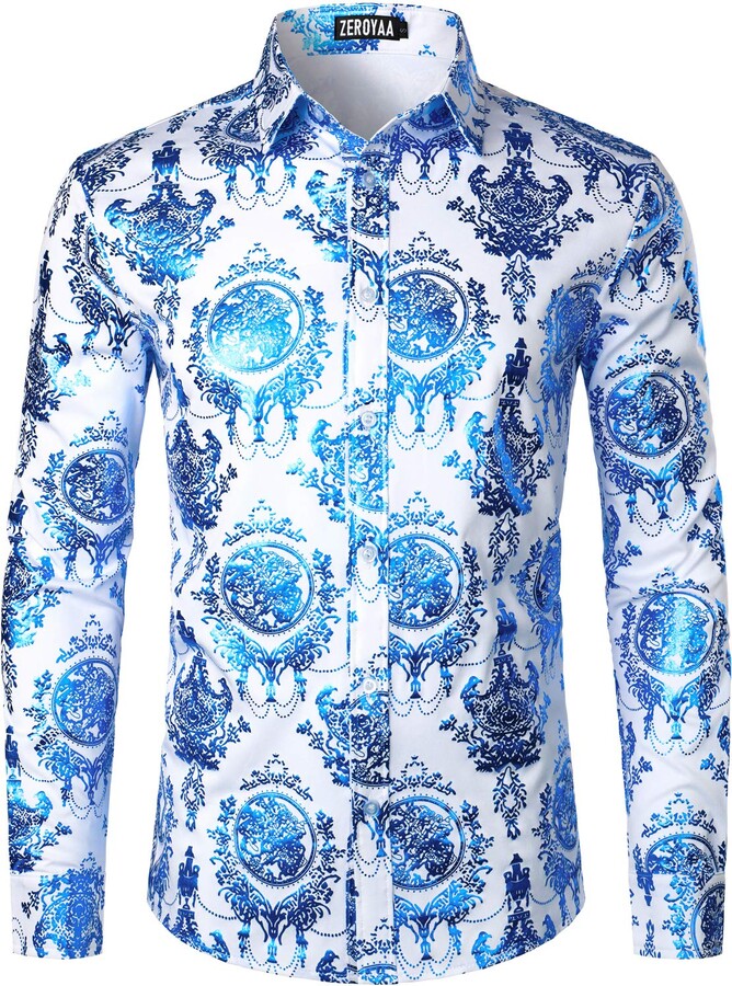 ZEROYAA Men's Luxury Shiny Gold Design Slim Fit Long Sleeve Button up ...