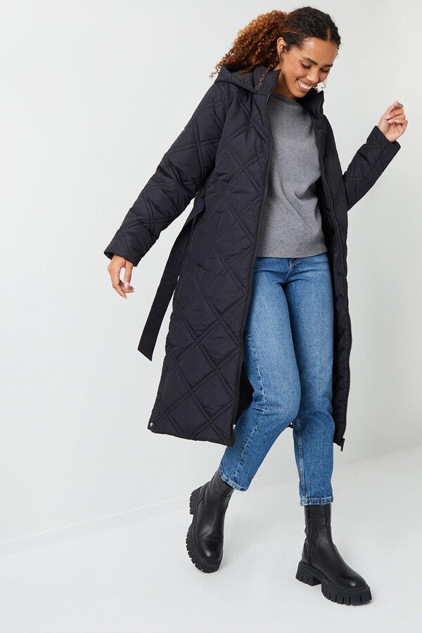 'Melon' Belted Diamond Quilt Coat - Black - ShopStyle