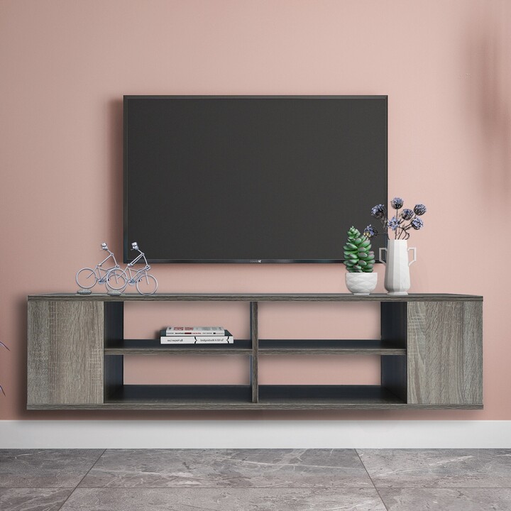 RASOO Wall Mounted Media TV Console with 2-Tiers Storage Spaces ...