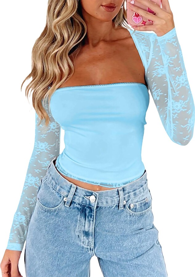 FeMereina Women Lace Long Sleeve Shirt Top Y2K Slim Fit Floral ...