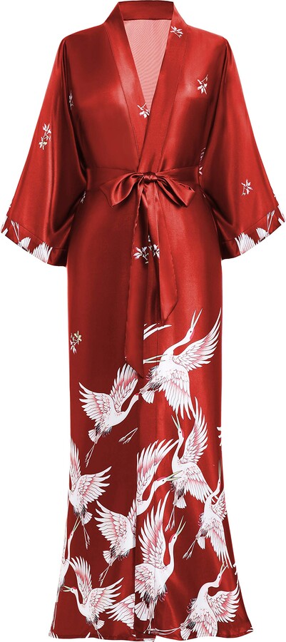 BABEYOND PRODESIGN Satin Kimono Dressing Gown Crane Kimono Robe for ...