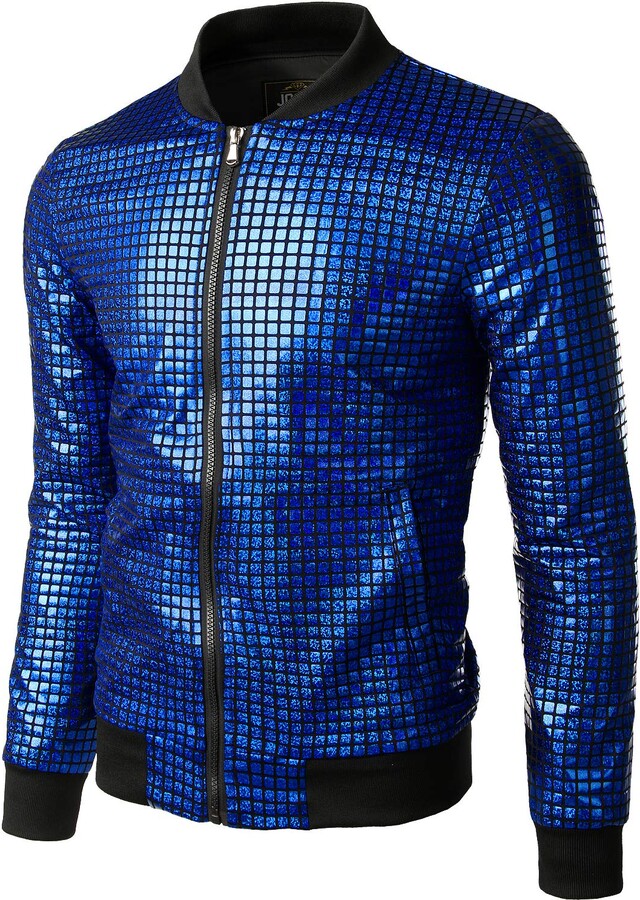 JOGAL Men's Metallic Sequins Gold Bomber Jacket 70s Disco Party Costume ...