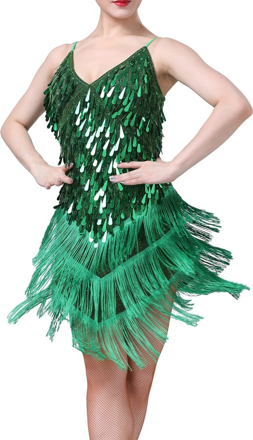 IWEMEK Women Sequin Tassel Latin Dance Dress Tango Salsa Ballroom ...