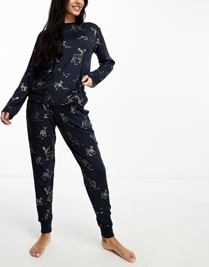 Chelsea Peers jersey crew neck top and trouser pyjama set with gold ...