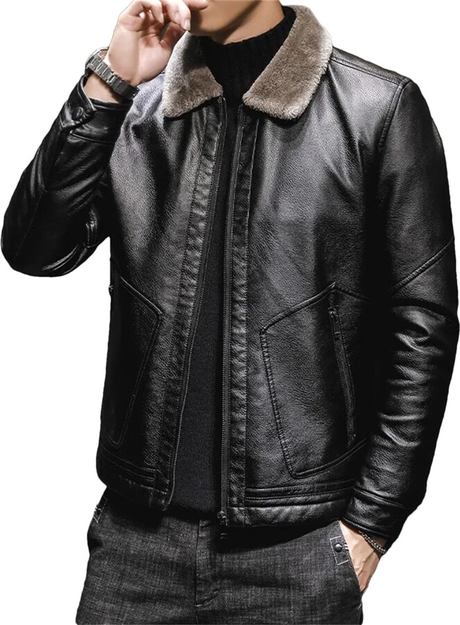 Fjnbbiot Men's Lapel PU Leather Jacket Warm Plus Fleece Thick Jacket ...