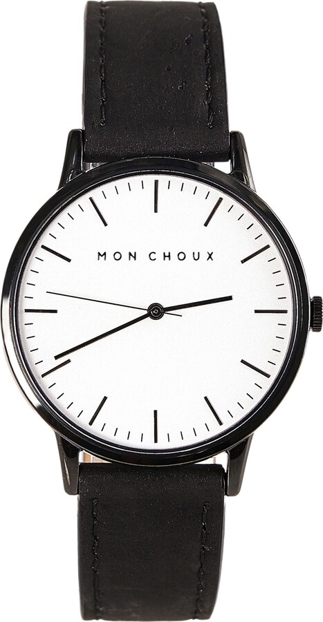 MON CHOUX - Classic White Noir Watch In Black Cork Leather - ShopStyle