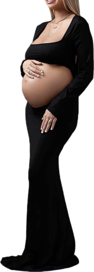 AIFOTO Maternity Dress Sexy Exposed Belly Long Sleeve Backless Square ...