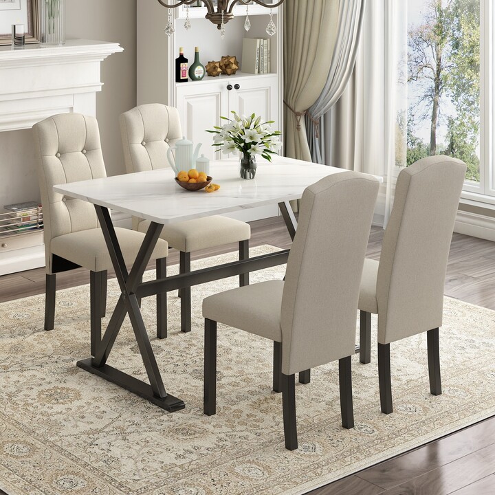 EDWINRAYLLC Solid Wood 5-Piece Dining Set with Faux Marble Tabletop and Upholstered Dining ...