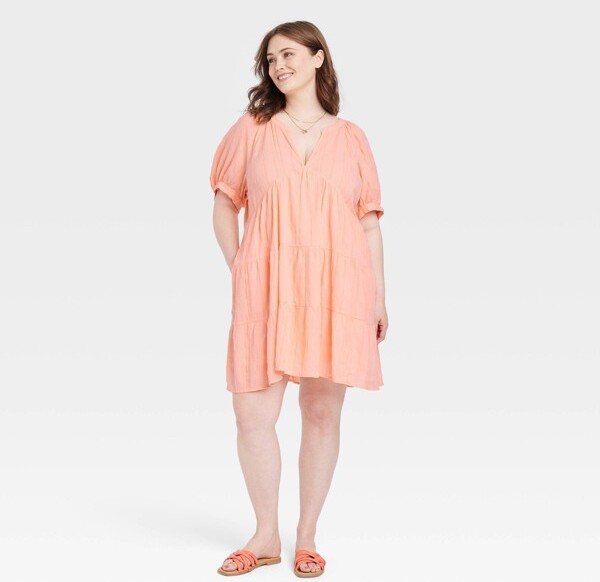 Universal Thread Women's Puff Elbow Sleeve Crinkle Tiered Mini Dress ...