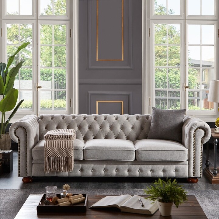Aoolive Tufted Couch, Chesterfield Upholstered 3-Seater Comfy Sofa ...