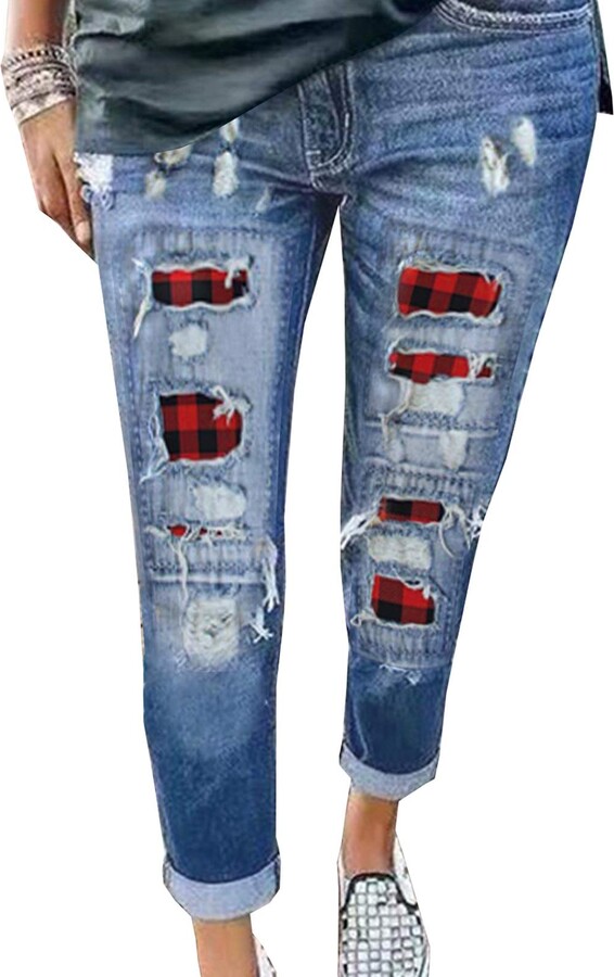CORAFRITZ Totally Shaping Skinny Jeans Plaid Ripped Pants Patchwork ...