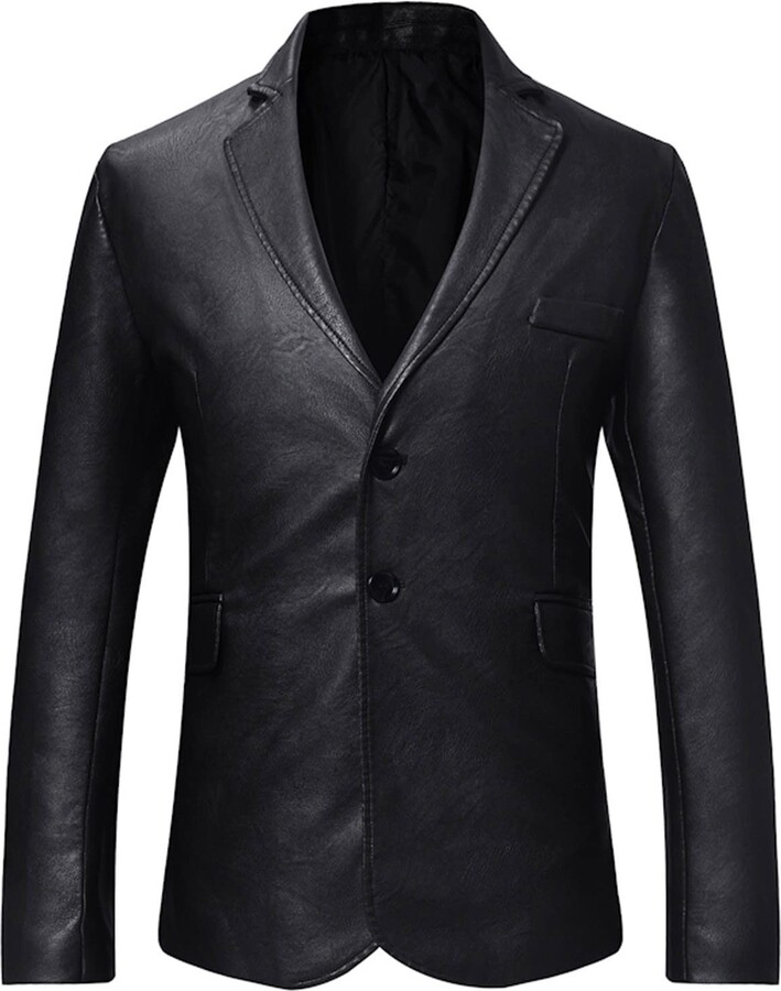Zeiayuas Mens Leather Blazer Jacket Formal Business Black Suit Two Button Single Breasted ...
